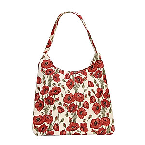 Signare Red and White Women’s Fashion Canvas Top Zip Hobo Shoulder Bag Beach Bag with Poppy Flower (HOBO-POP)