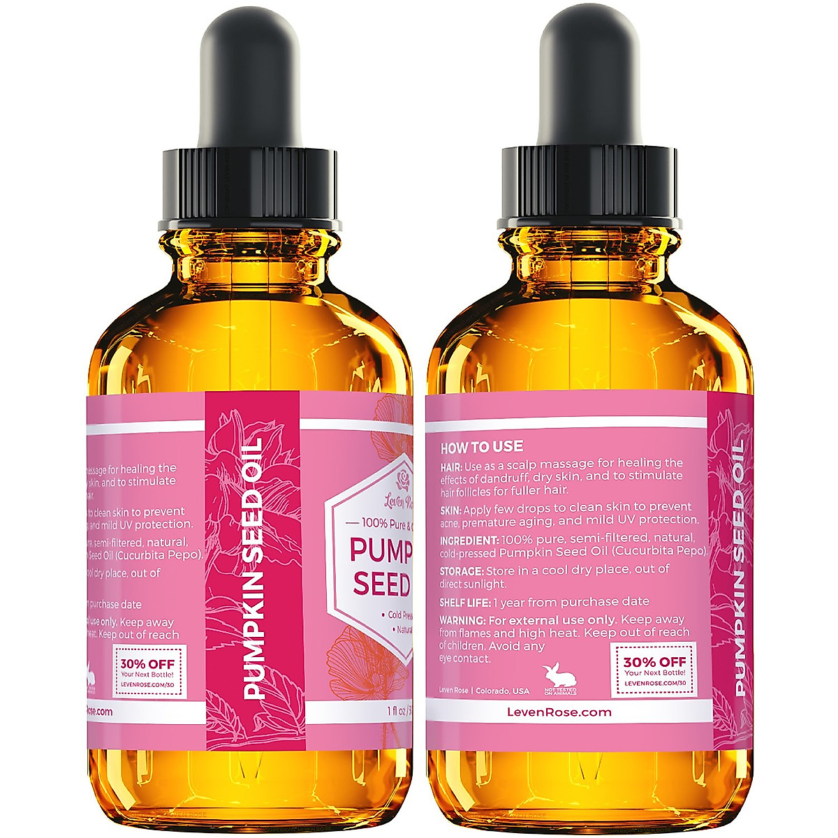 Leven Rose Organic Pumpkin Seed Oil for Hair Growth 1 oz, 100% Pure, Cold Pressed Pumpkin Oil for Damaged Hair, Dry Skin and Nails