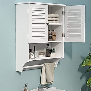 ChooChoo Bathroom Wall Cabinet with Towels Bar, 23.6" L x8.9 W x29.3 H MDF Material Medicine Cabinet, 2 Doors Over The Toilet Space Saver Storage Cabinet with Large Space, White