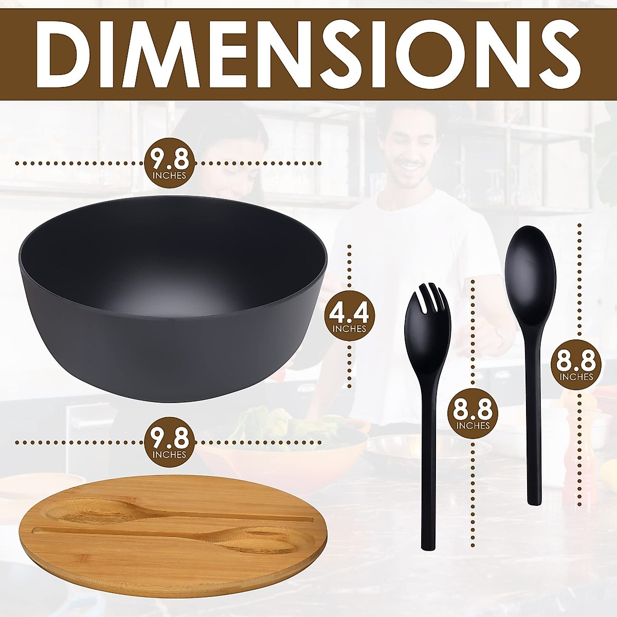 Bamboo Fiber Salad Bowl with Servers Set, 9.8 inches Large Solid Wooden Mixing Salad Bowls With Lid, Fiber Spoon and Fork for Serving for Pasta, Fruits, Vegetables(Black)