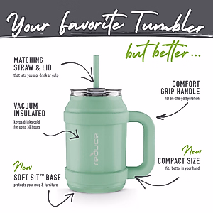 REDUCE Reusable 32 oz Cold1 Water Tumbler – Ergonomic Handle – Double-Wall Insulation – Sturdy Desktop/Tabletop Mug with Lid and Straw – BPA-Free – Stainless Steel for Gym, Home, or Office– Matcha
