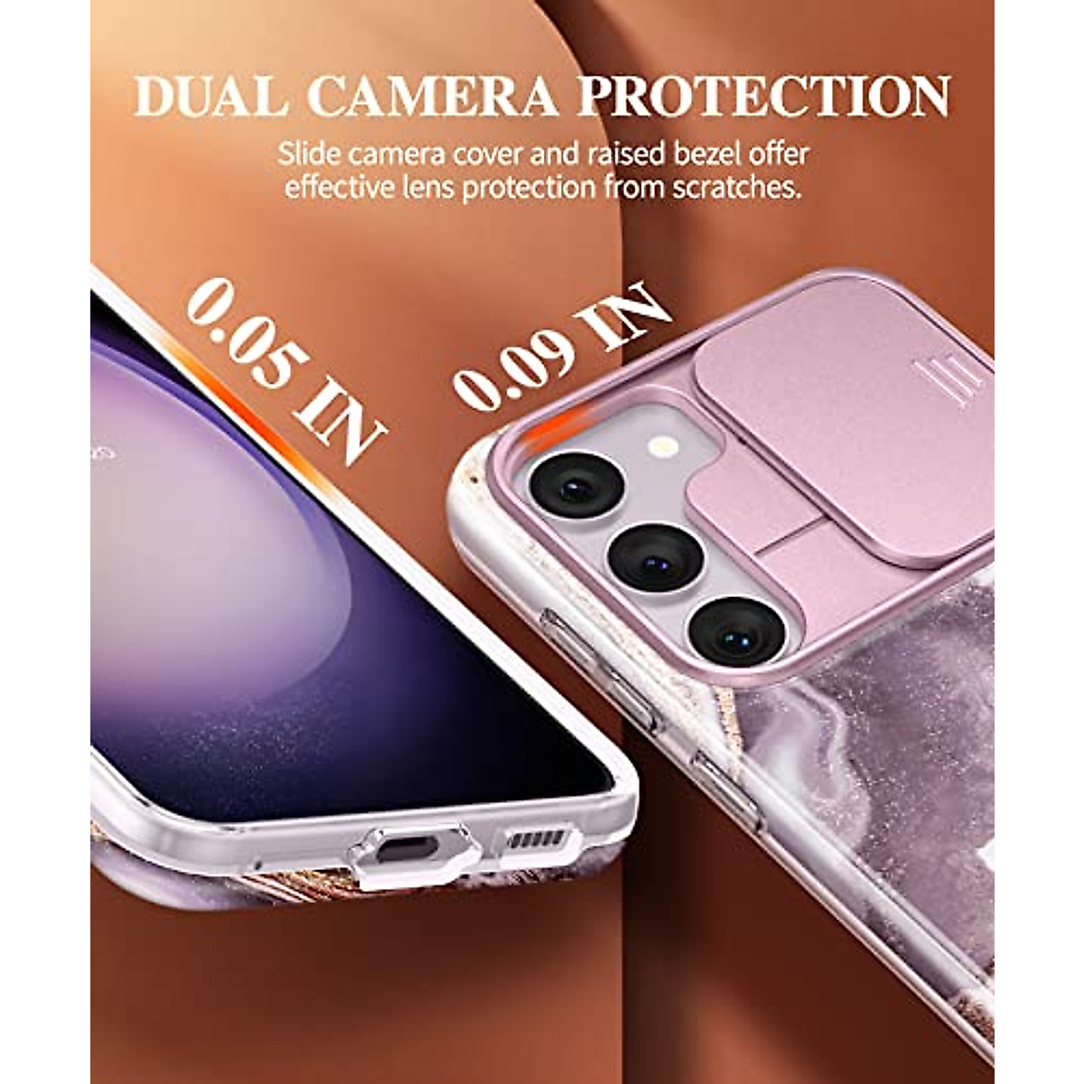 GVIEWIN Case Compatible with Samsung Galaxy S23 Plus with Slide Camera Cover + Screen Protector, [10FT Military Shockproof] Marble Slim Protective Phone Case, 5G 6.6-Inch 2023 (Burgundy/Gold)