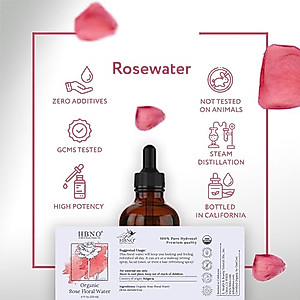 HBNO Organic Rose Floral Water - Huge 4 oz (120ml) Value Size - for Face, Body, Skin, Lips, Hair, Nails, Lotions, Spray - 4 OZ (120 ml)