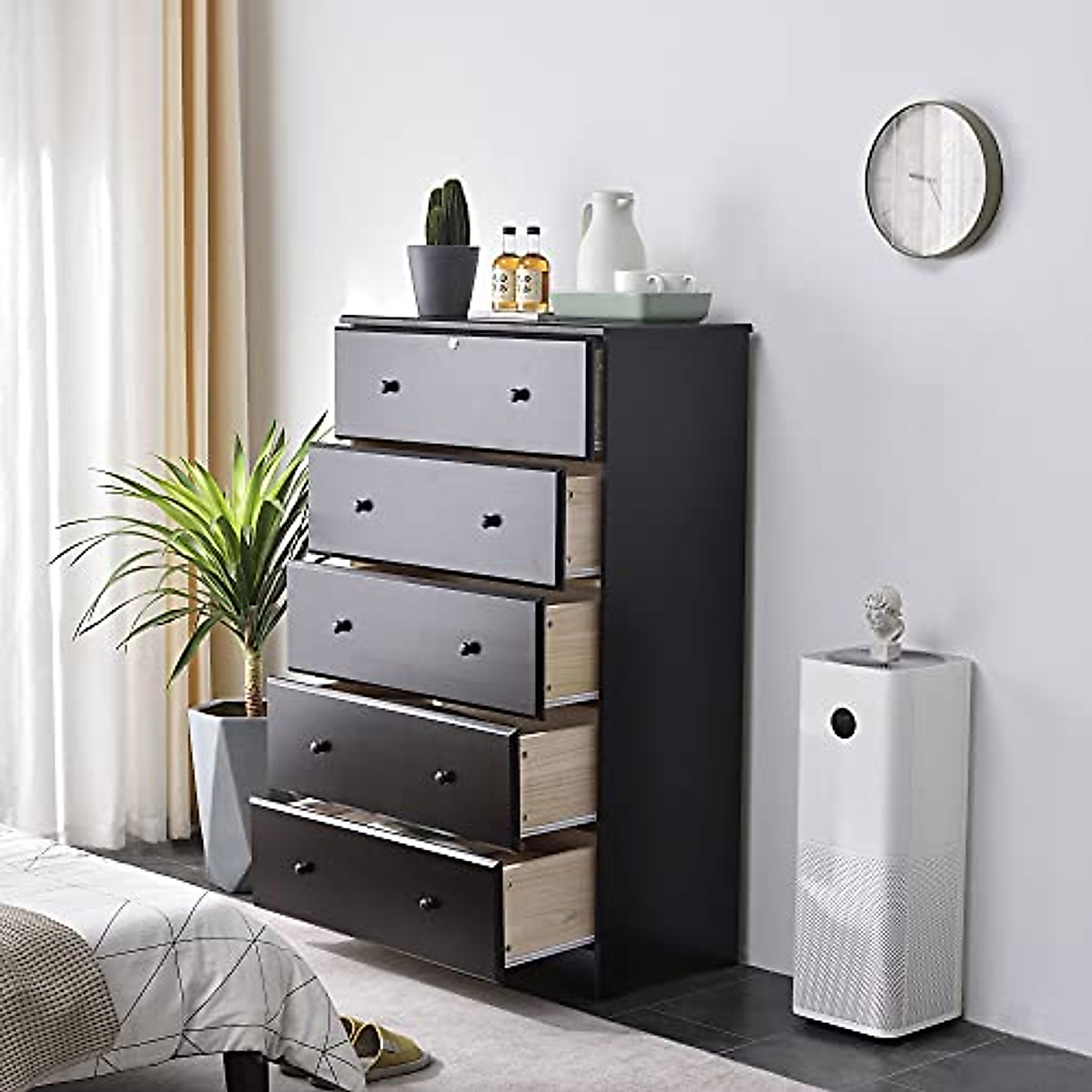 Better Home Products 100% Solid Pine Wood Super Jumbo Chest 5 Deep Drawers; Storage Dresser with Lock; Lock & Key Included. (5 Drawers, Tobacco) Easy Assembly