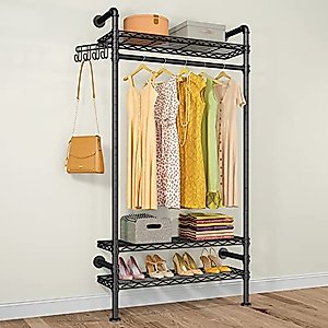 Timate F1 Pipe Clothes Rack Wall Mount Heavy Duty Closet Organizer System Hanging Closet Rack for Clothes, Closet Kit Walk in Closet Systems, Adjustable Storage Closet Shelves Wardrobe Closet, Black