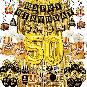 50th birthday decorations for men women - (60pcs) black gold party Banner, 40 Inch Gold Balloons,50th Sign Latex Balloon,Fringe Curtains and cheers to you Foil Balloons,Hanging Swirl,photo props