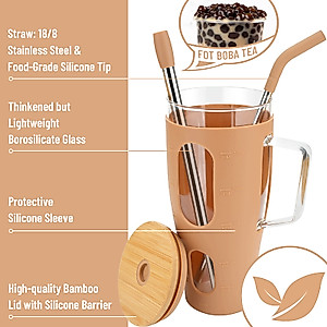 Zukro 40 oz Glass Tumbler with Handle and Wide Straw, Drinking Cup With Bamboo Lid For Water, Iced Coffee, Time Marker to Dink, Large Smoothie Cup with Silicone Sleeve, BPA Free, Fit Cupholder, Khaki