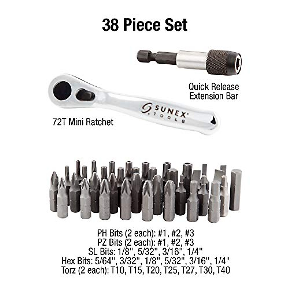 Sunex 38 piece TrueTimber Kanati Mini Ratchet and Bit Set, 1/8-Inch - 1/4-Inch S2 Bits, 5/64-Inch - 1/4-Inch hex bits, 9726KANATI