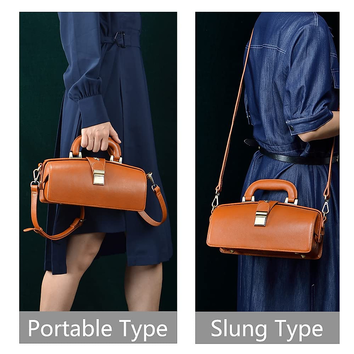 Erivis genuine leather handbag cowhide doctor bag brown shoulder bag buckle women's bag (Orange)