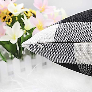 4TH Emotion Set of 2 Farmhouse Buffalo Check Plaid Throw Pillow Covers Cushion Case Polyester Linen for Fall Home Decor Black and White, 12 x 20 Inches