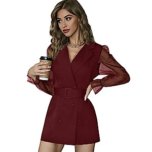 LYANER Women's Elegant Collar V Neck Lace Long Sleeve Blazer Mini Dress with Belt Burgundy Medium