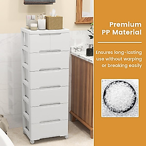 LOKO 7-Drawer Plastic Rolling Storage Cart, Mobile Storage Cabinet with 4 Universal Wheels, Vertical Storage Tower Container Unit for Living Room, Bedroom, Home Office, White (16”x13"x45” (7 Drawers))