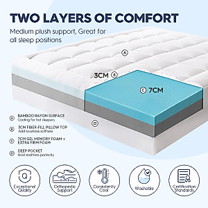 ELEMUSE 3 Inch Dual Layer Mattress Topper Queen, 2 Inch Air Circulation Egg Crate Memory Foam Pad, 1 Inch Cooling Down Alternative Pillowtop Mattress Pad, Soft Comfort Support
