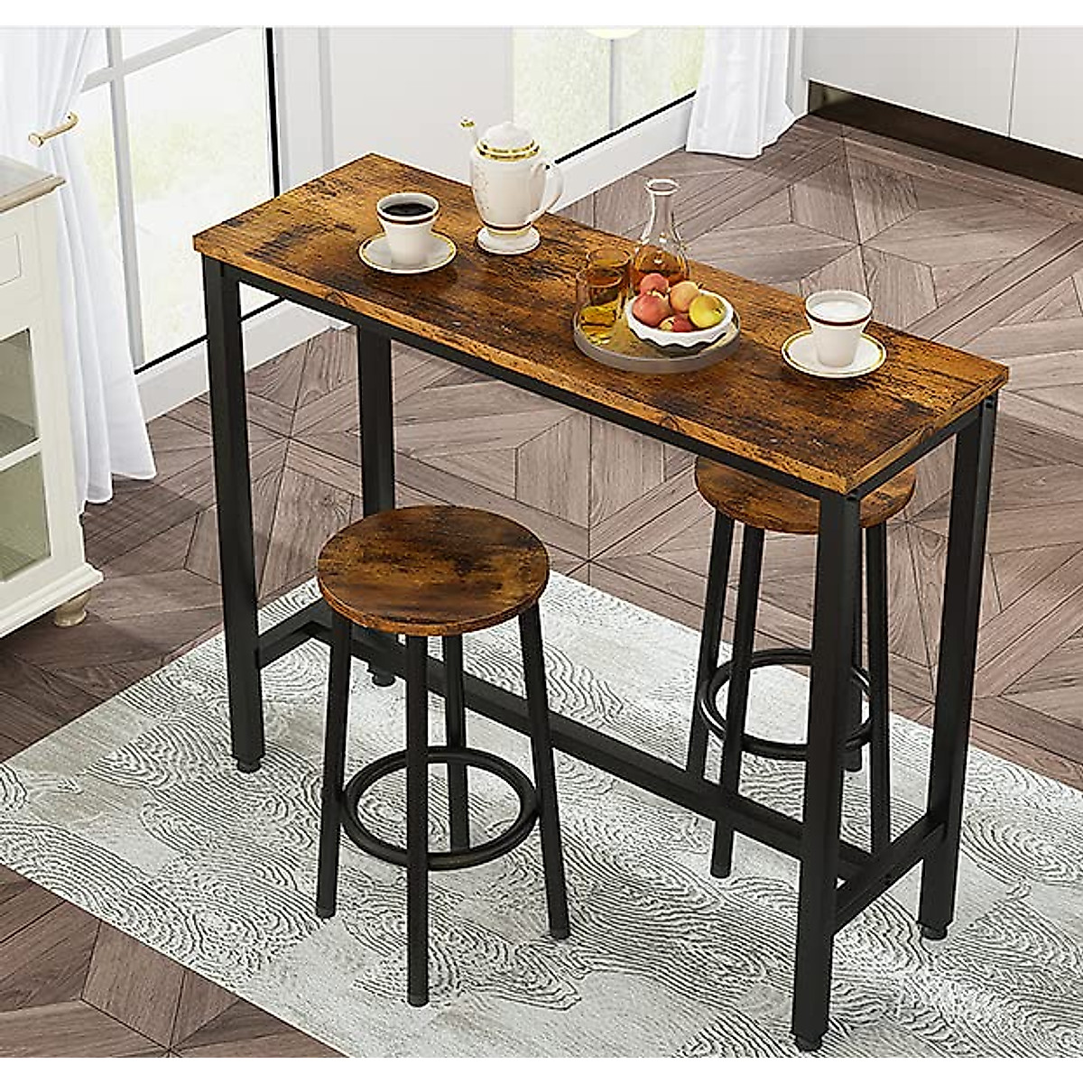 AWQM 3 Piece Bar Table Set, Industrial Pub Height Table with 2 Bar Stools,Dining Room Table Set, 47.2" Table and Classic Round Chairs Set, Ideal for Kitchen,Living Room