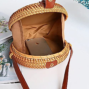 Daisy Lucky W Hand-woven round rattan bag PU leather shoulder strap Beach grass woven messenger women's bag Ladies Bohemian handbag Pure natural hand-made rattan woven wallet (Leather buckle)