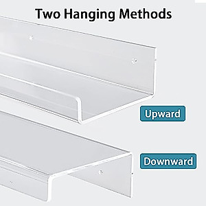 Set of 4, Acrylic Floating Shelf Wall Mount, Self-Adhesive 15" Invisible Clear Kids Book Display Shelves, Kids Bookshelf, Bathroom/Kitchen Wall Ledge Shelf for Decoration and Organizer