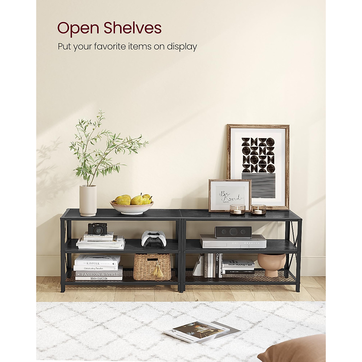 VASAGLE TV Stand, TV Console for TVs Up to 70 Inches, TV Table, 63 Inches Width, TV Cabinet with Storage Shelves, Steel Frame, for Living Room, Bedroom, Black with Wood Grain ULTV095B22