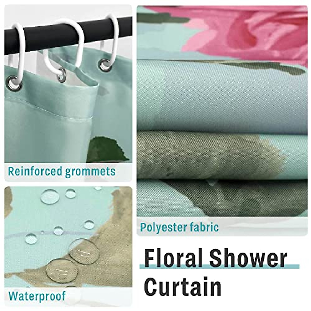 BROSHAN Green Floral Shower Curtain Set, Flower Bathroom Set with Shower Curtain and Non-Slip Rugs,Toilet Lid Cover and Bath Mat, Floral Fabric Bathroom Decor and Accessories Set with Hooks