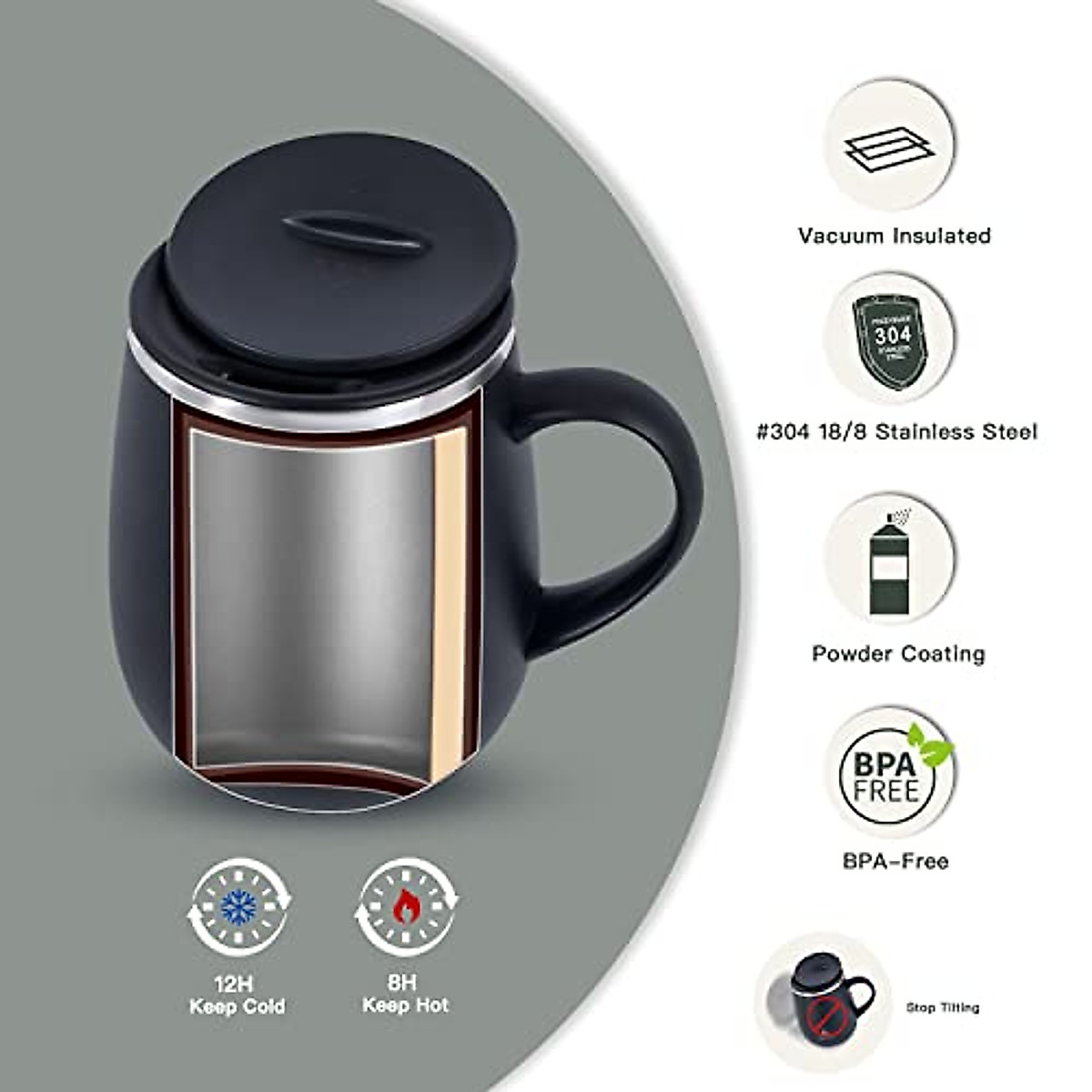 Ideus 16 oz Insulated Coffee Mug with Handle and Lid, Double Wall Stainless Steel Vacuum Insulated Tumbler Cup, Travel Coffee Cup Thermal Cup for Home and Office, Storm Black