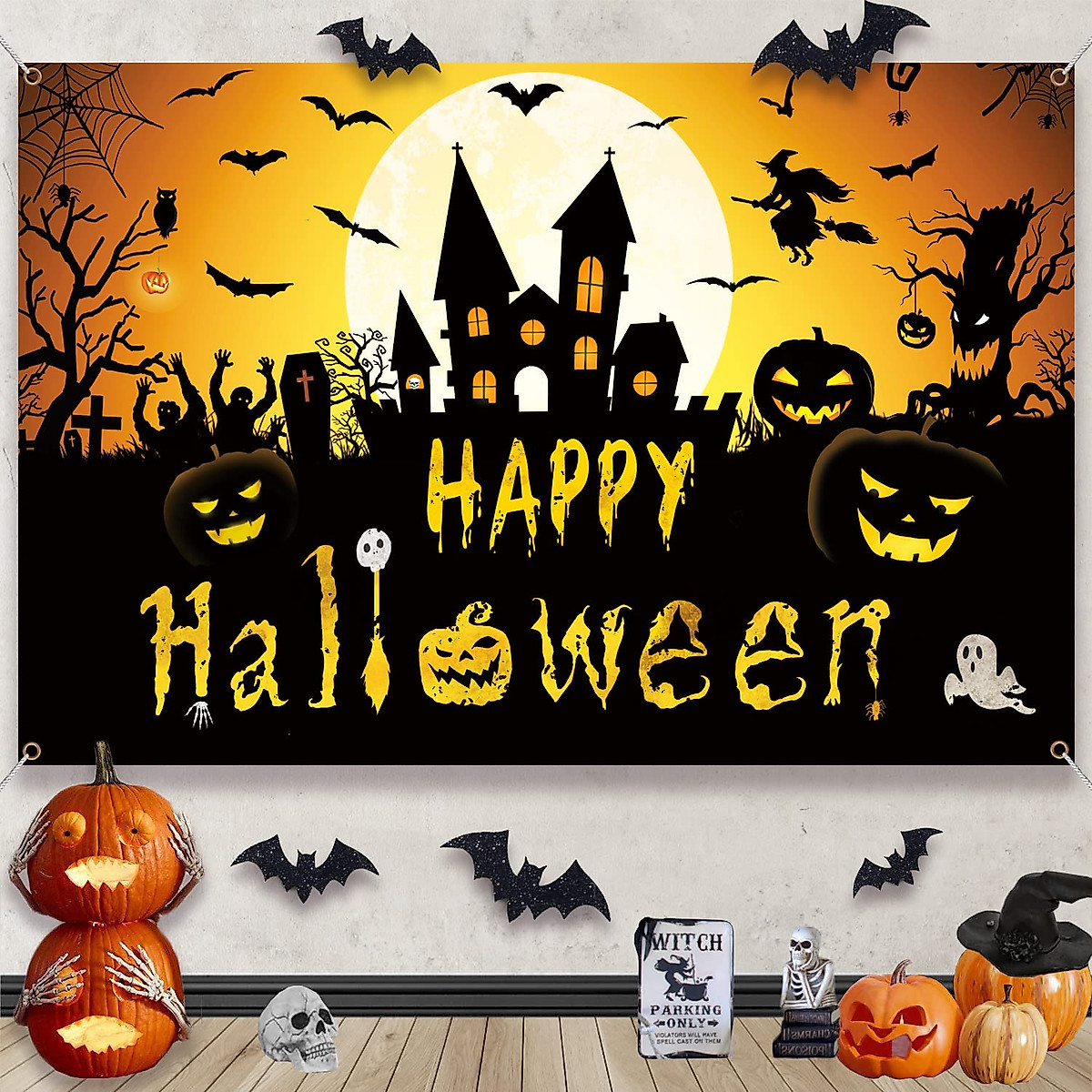 Halloween Decorations - Halloween Backdrop, Happy Halloween Banner with Witch, Pumpkin, Halloween Bats for Halloween Party Decorations, Halloween Decorations Indoor