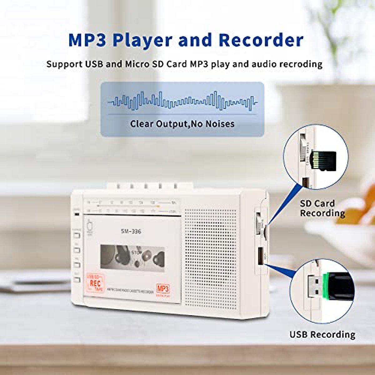 Portable Cassette Player Recorder, Cassette to MP3 Digital Converter via USB or Micro SD Card, Powered by AC or 4 AA Battery AM FM Radio Tape Walkman, Build-in Speaker and Microphone