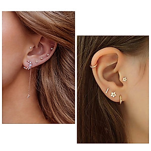 Jewseen 14K Gold Top Push in Threadless CZ Flower Flat Back Stud Opal Cartilage Earring Nose Stud Lip Ring Threadless Earring Helix Stud Tragus Piercing Jewelry for Women Men