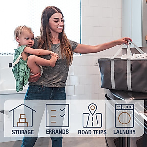 CleverMade Collapsible Laundry Tote, Denim/Charcoal 2PK - 50L (13 Gal) Collapsible Laundry Baskets with Sturdy Pop-Up Wire Frame and Long Carry Handles - Space-Saving Collapsible Hamper