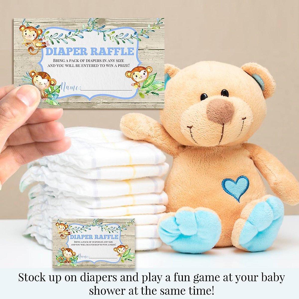 Amanda Creation Watercolor Jungle Monkeys Diaper Raffle Tickets for Baby Boy Showers, 20 2" X 3” Double Sided Insert Cards for Games, Bring a Pack of Diapers to Win Favors & Prizes!