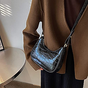 AMHDV Small Crocodile Shoulder Bag Retro Classic Crossbody Clutch Purse with Zipper Closure (Black)