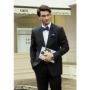 HISDERN Bow Ties for Men Black Blue Paisley Bowties Men Self Tie Bow Tie and Pocket Square Set Classic Woven Bowtie Handkerchief for Wedding Party