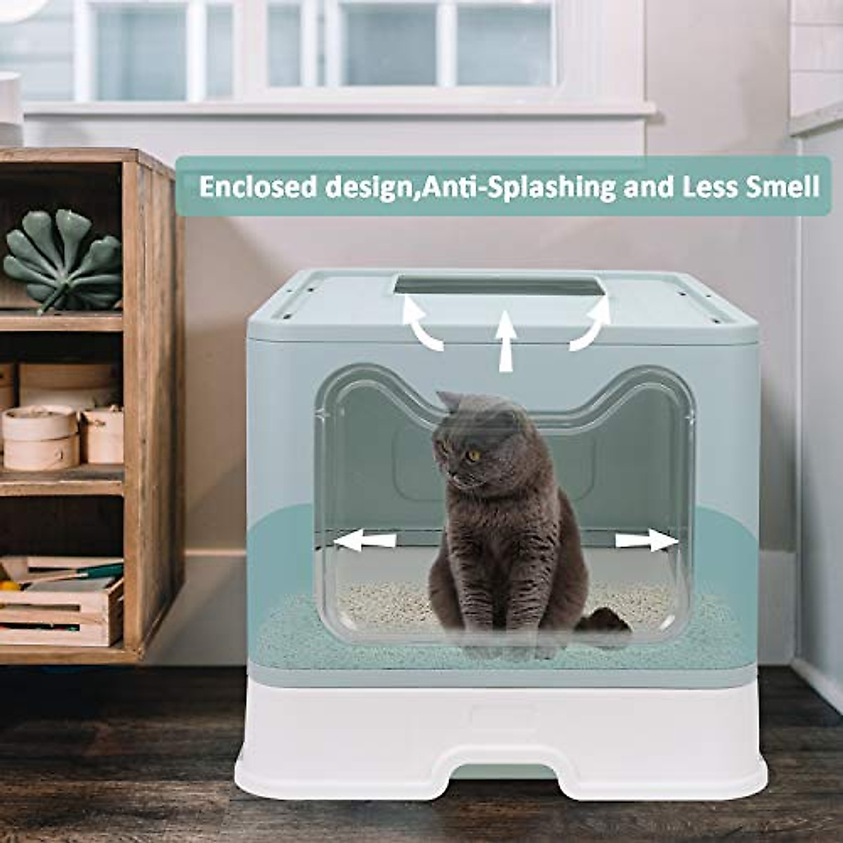 Foldable Cat Litter Box with Lid, Enclosed Cat Potty, Top Entry Anti-Splashing Cat Toilet, Easy to Clean Including Cat Litter Scoop and 2-1 Cleaning Brush (Blue), Large