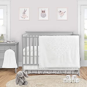 Sweet Jojo Designs White Boho Bohemian Baby Girl Nursery Crib Bedding Set - 4 pieces - Solid Color Shabby Chic Princess Luxurious Luxury Elegant Vintage Designer Boutique Victorian Cotton Embroidered
