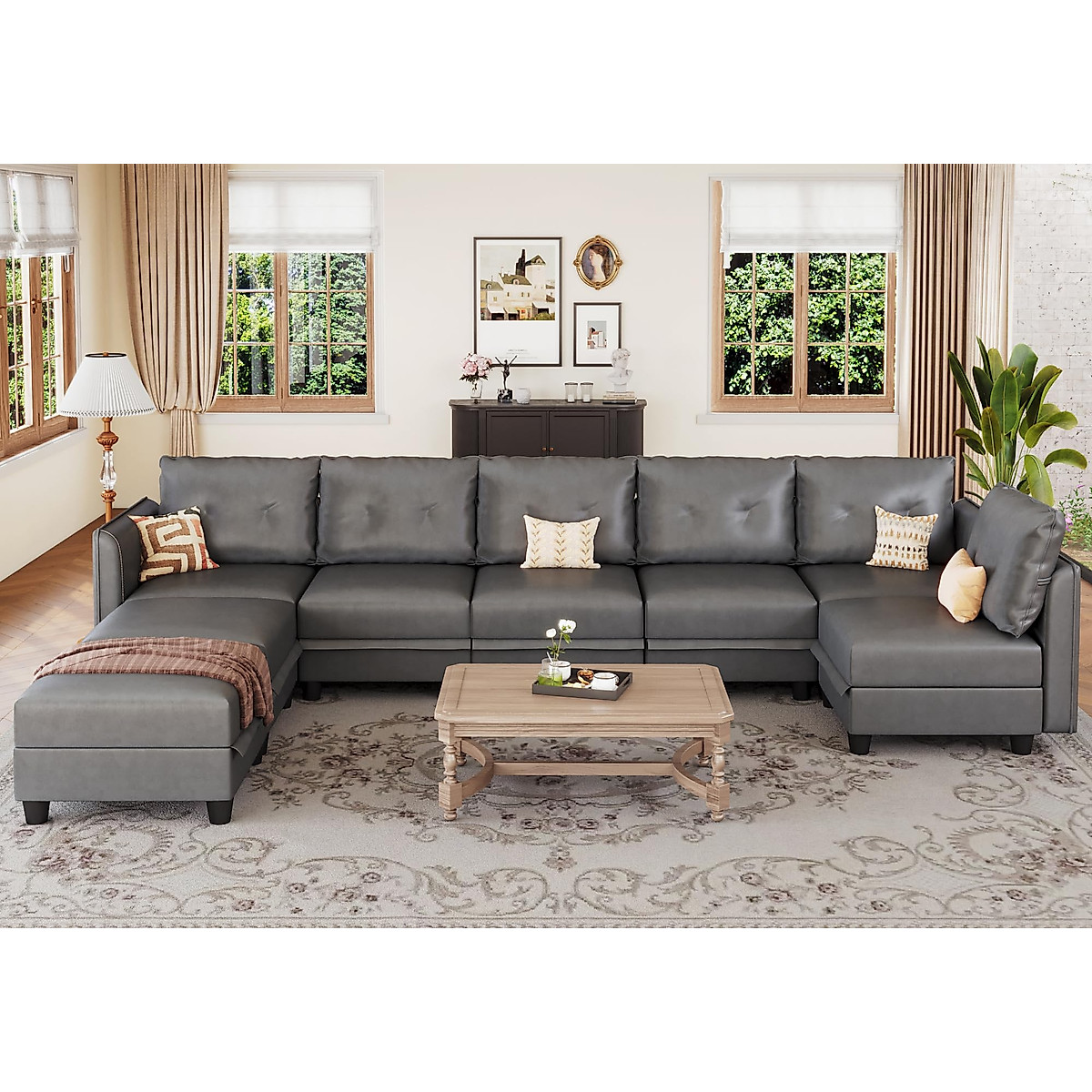 LLappuil Modular Sectional Sofa with Reversible Chaise, U Shaped Couch with Storage, Modern Faux Leather Fabric Sofa with Ottoman, Oversized Sectionals for Living Room, 8 Seat, Dark Grey