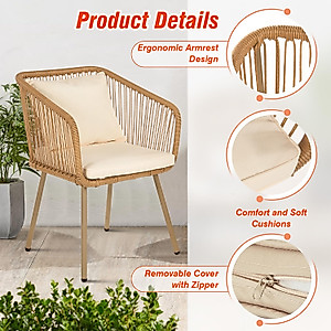 3 Piece Patio Furniture Set with Cushions Lumbar Pillows Outdoor PE Rattan Bistro Furniture Set Patio Rattan Conversation Set Glass Coffee Table Top and 2 Chairs for Patio Garden Porch , White