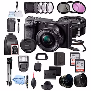 Alpha a6400 Mirrorless Digital Camera 24.2MP Sensor with 16-50mm Lens, 2 Pack SanDisk 64GB Memory Card, Backpack, Full Size Tripod & Inspire Digital Cloth Accessory Bundle (Black) (Renewed)