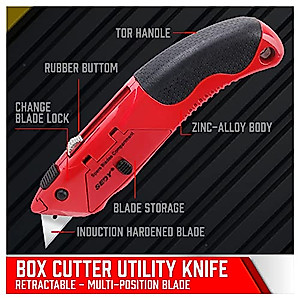 Heavy Duty Box Cutter - Retractable Utility Knife with Spare Blades, Ergonomic Design, Built-In Storage, Safe Lock System, Ideal for Cardboard, Paper, Thin Plastic Cutting - Razor Knife Boxcutter