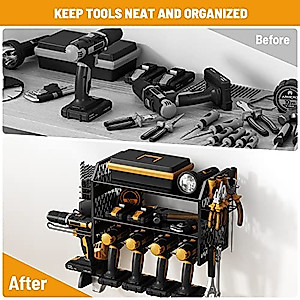 VOPEAK Power Tool Storage Rack with 6 Drill Storage, Pegboard Drill Holder Tool Shelf, Garage Storage Rack for Cordless Drill, Father's Day, Light Black