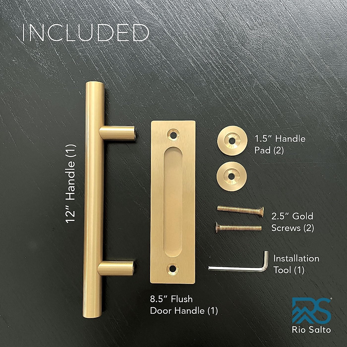 Rio Salto 12-Inch Brushed Brass Gold Barn Door Handle Kit, Closet Door Handle, Solid Aluminum Pull Handle and Flush Handle Set Heavy Duty Large Sliding Door Handles Hardware Included (1-Door Pack)