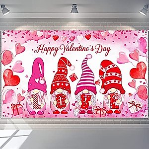 Happy Valentine's Day Backdrop Banner Gnome Photography Background Red Love Heart Photo Background Valentines Day Decor for Valentine Party Supplies, Propose Marriage Decorations, 72.83 x 43.3 Inch