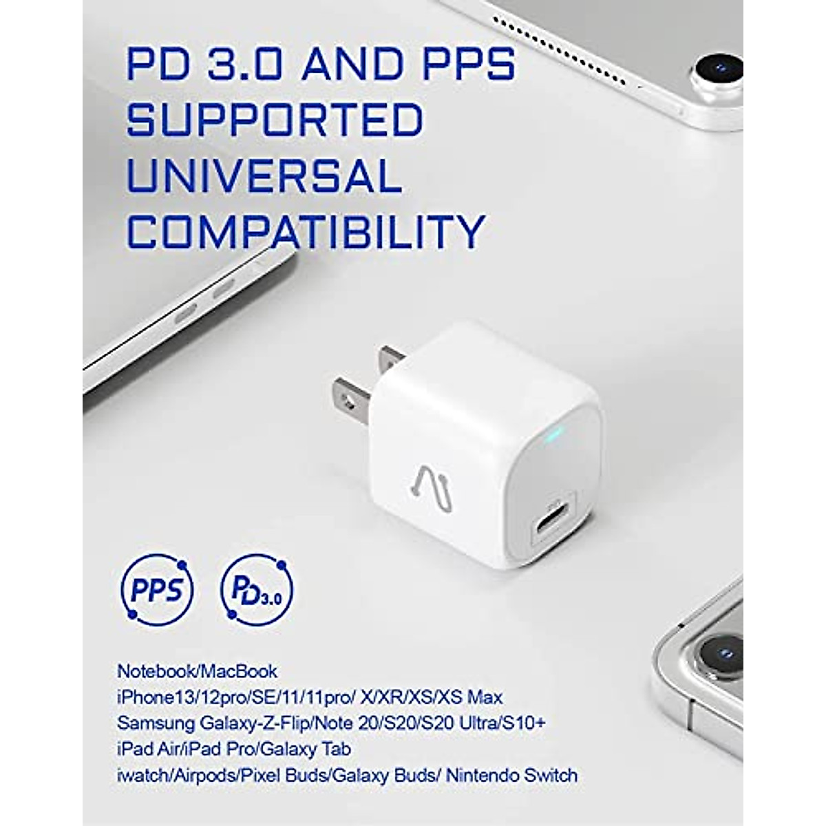 USB C Wall Charger 30W, Aergiatech PD PPS GaN USB C Power Adapter, Type C Fast Charging Block for iPhone 13 Pro Max/13/12 Pro Max, Pixel 6Pro/6, iPad Pro, MacBook Air, Galaxy S22+/S22 Ultra, White