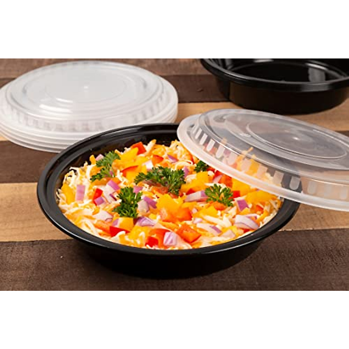 AmerCare 9 Inch Round Black Plastic Containers with Lids, 48 Ounces for Microwave or Freezer, Pack of 150
