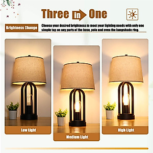 Touch Bedside Table Lamps with Rotary Switch Set of 2, 3-Way Dimmable Bedroom Living Room Lamps with USB Charging Ports, Industrial Nightstand Lamp with Fabric Lampshade for Reading, Bulbs Included