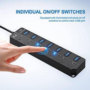 ONFINIO USB Hub 3.0, 7-Port USB Hub Splitter with Individual On/Off Switches and Lights, 3.2ft/1m Long Cable Compatible with MacBook, Laptop, Surface Pro, PS4, PC, Flash Drive, Mobile HDD