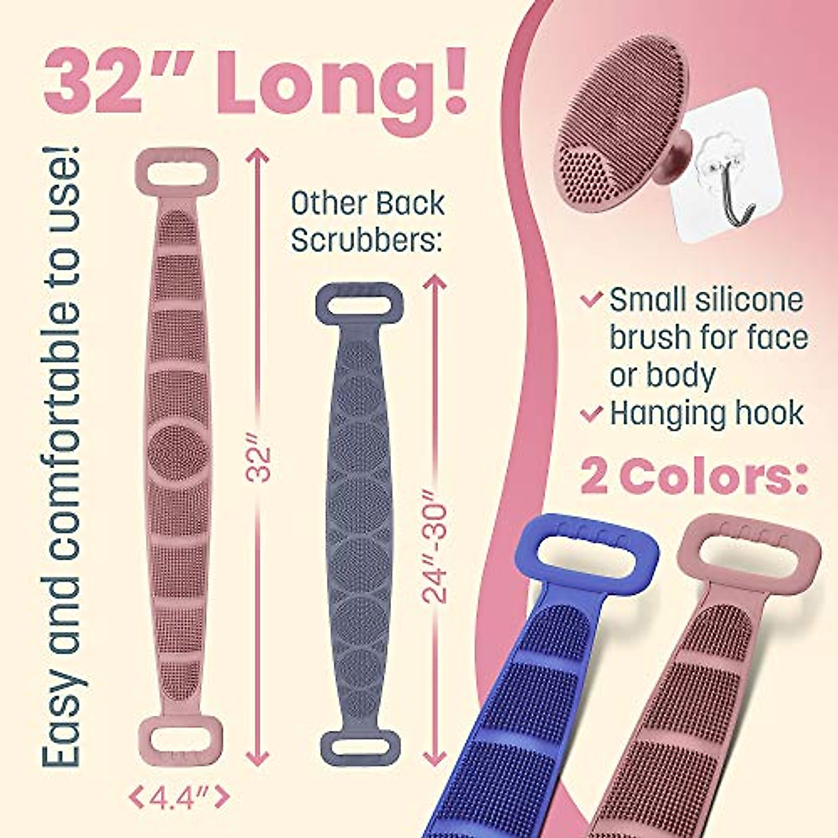 Silicone Back Scrubber for Shower- 32 and 36 Inches Back Body Brush Extra Long for Exfoliating & Massaging Hygienic Back Washer with Handle, Shower Silicone Back Scrubber for Men and Women, Pink.
