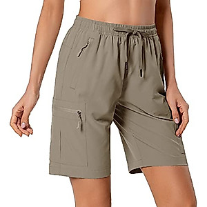 Women's Lightweight Hiking Cargo Shorts Quick Dry Athletic Shorts for Camping Travel Golf with Zipper Pockets Water Resistant Dark Khaki