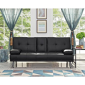 Space-Saving Design: Convertible Futon Sofa Bed, Versatile Comfort - Sturdy Build Modern Faux Leather Futon Couch - Low-Maintenance Upholstery - Customizable Positions - Easy Assembly - Black