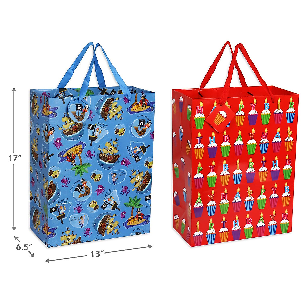 FZOPO Kids Birthday Gift Bag Assortment, Heavy Duty Paper Gift Bags, Red, Blue, Purple, Yellow, Brown, Pack of 12 Small, Medium, Extra Large Bags for Birthdays, Kid Party, Childrens Day