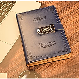 JunShop Digital Password Journal with Lock Retro Privacy Diary with Combination Lock Leather Binder Notebook Locking Journal Diary(Blue)