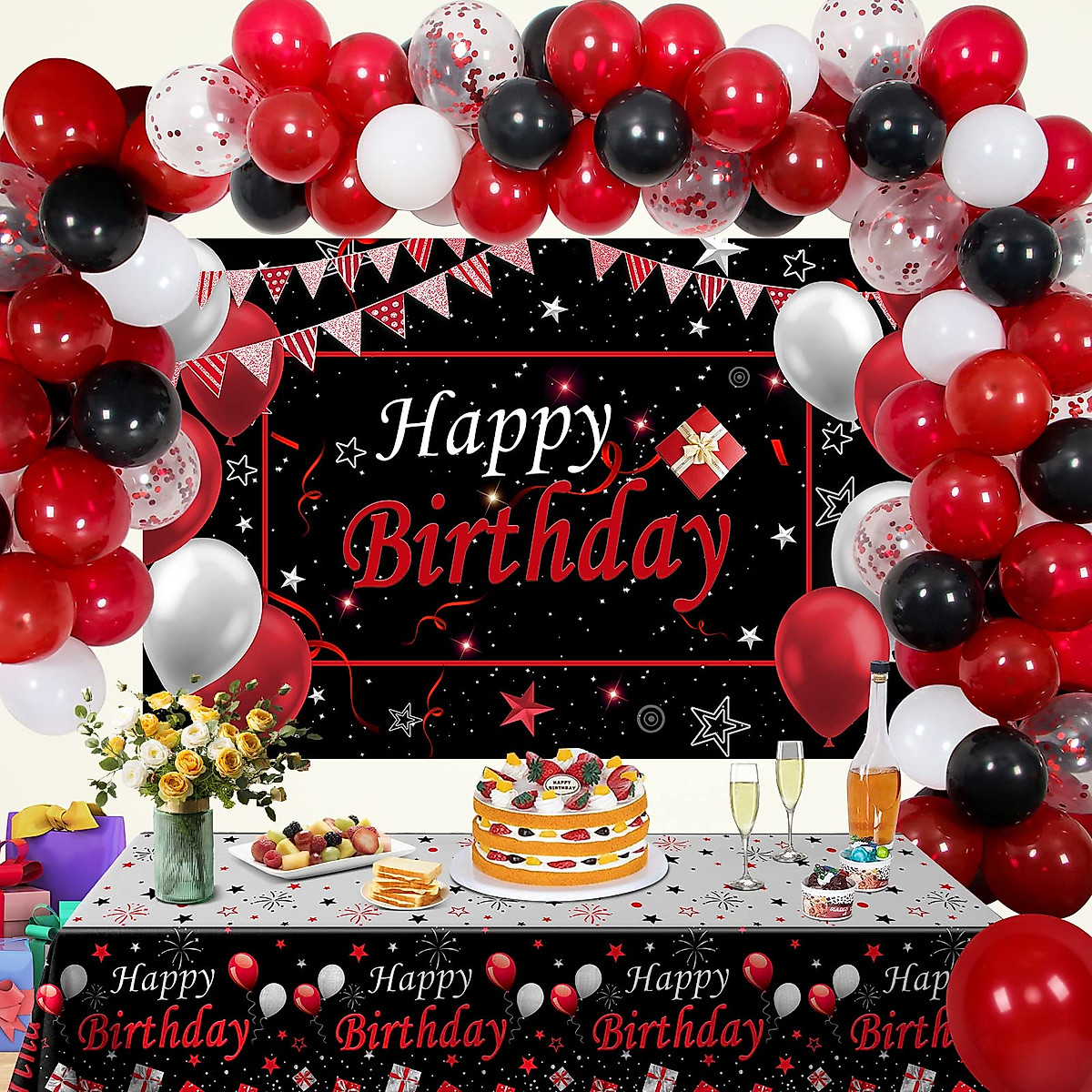Red and Black Birthday Decorations for Men Women, Happy Birthday Decorations fo Boys Girls Party Decoration Backdrop & Tablecloth Balloons Arch Kit Confetti Balloons Foil Fringe Curtains Table Cover
