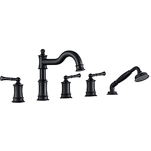 WINKEAR Roman Tub Faucet Set With Handheld Shower 5 Hole Deck Mount Tub Filler With Diverter, 3 Lever Handle Rough-in Valve and Water Supply Lines Included for Bathroom Tub, Matte Black